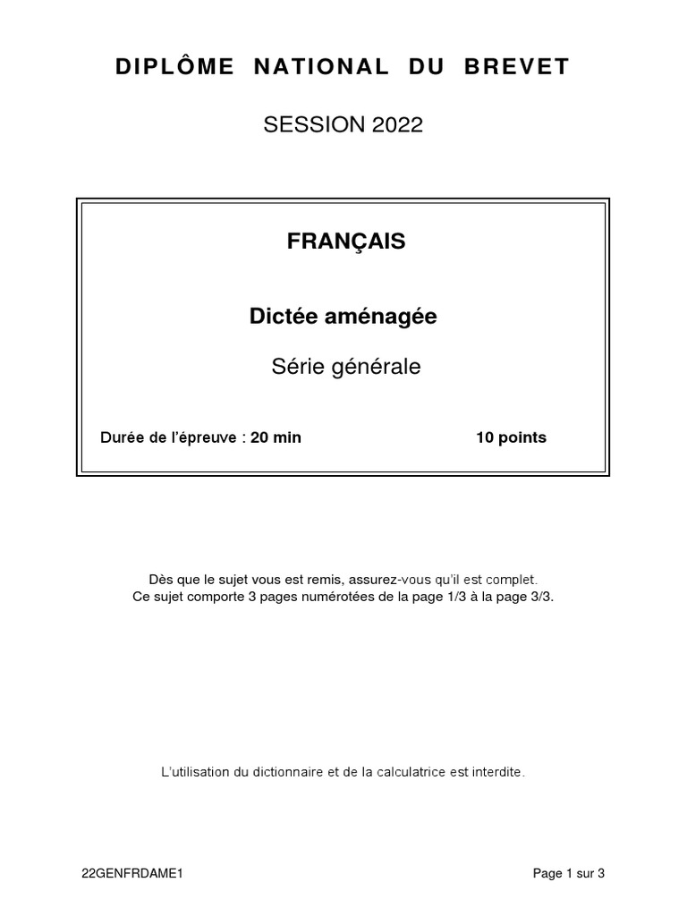 DNB 2022 Dictee Amenagee | PDF