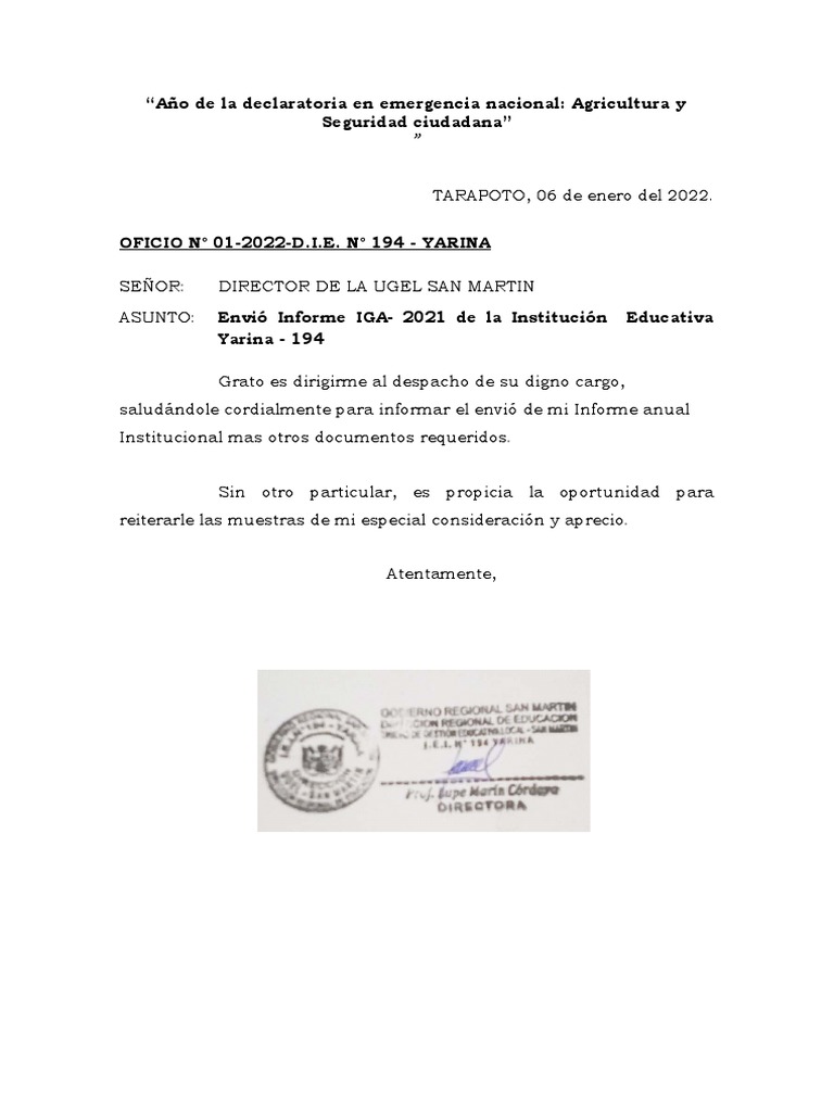 Oficio para Envio de Informe IGA - I.E Yarina - 194 | PDF