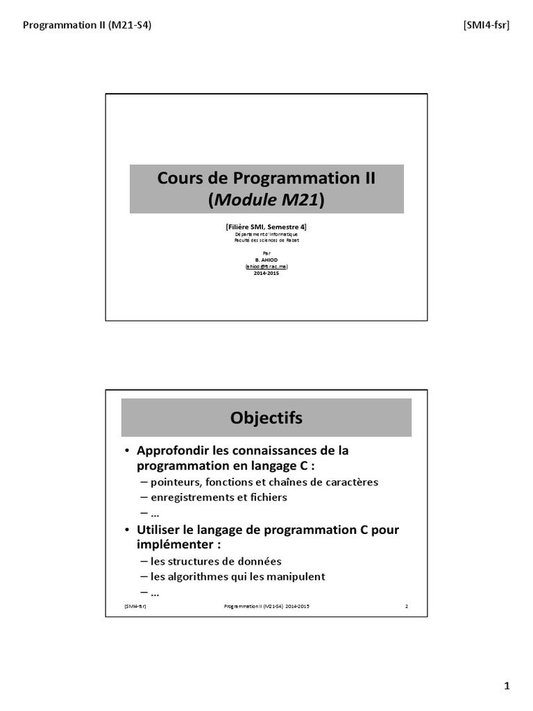 Cours - ProgrammationII - M21-SMI-S4 2x2 | PDF | Pointeur (programmation) | Programme informatique