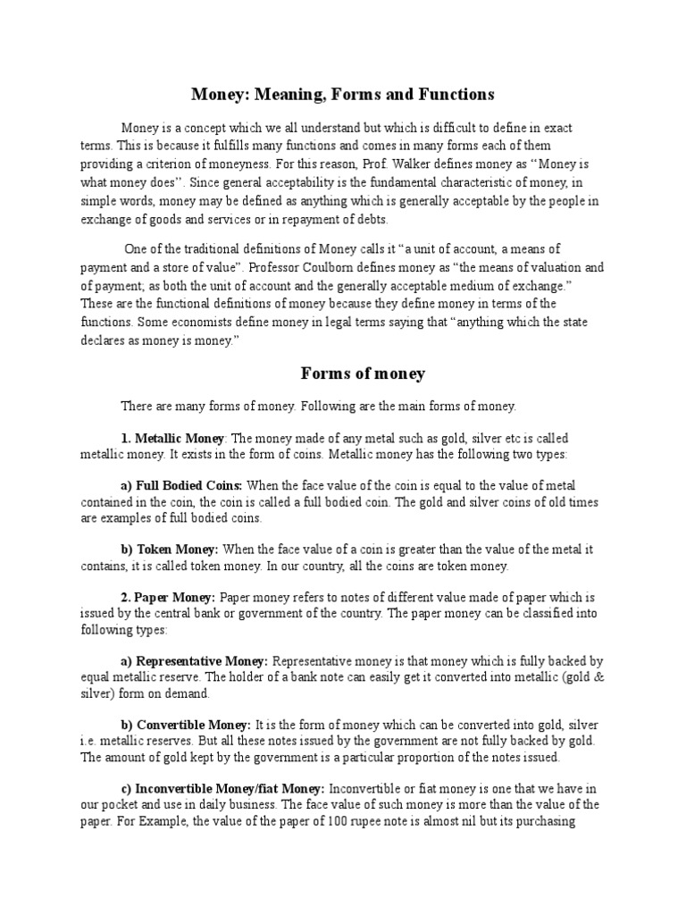 Money: Meaning, Forms and Functions | PDF | Money | Legal Tender