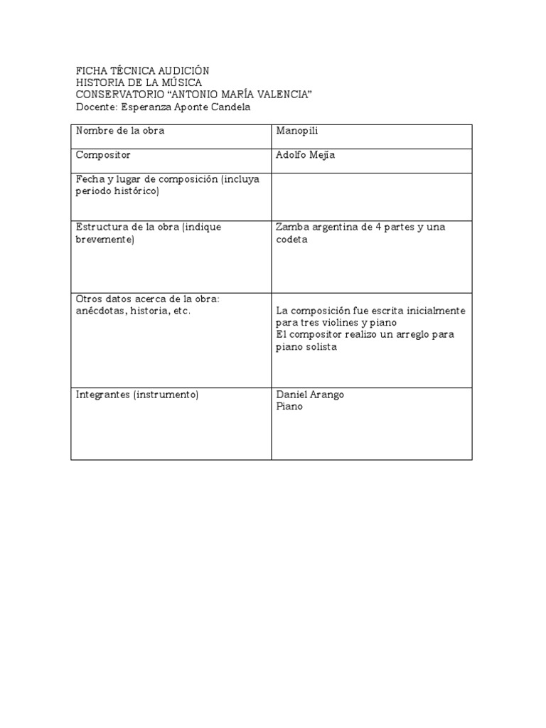 Ficha Técnica Audición Daniel | PDF