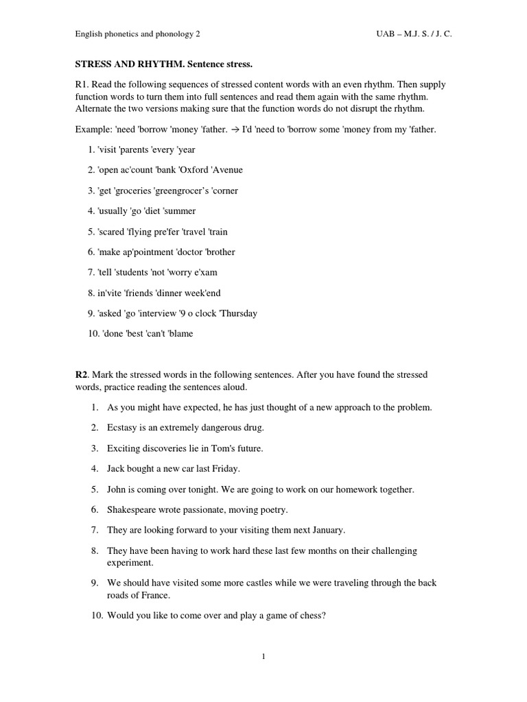 EPP2 Exercises on Sentence Stress_rhythm_weak Forms_v2 | PDF | Stress ...