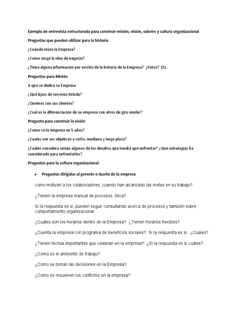 Ejemplo de Entrevista Estructurada para Construir Misión | PDF