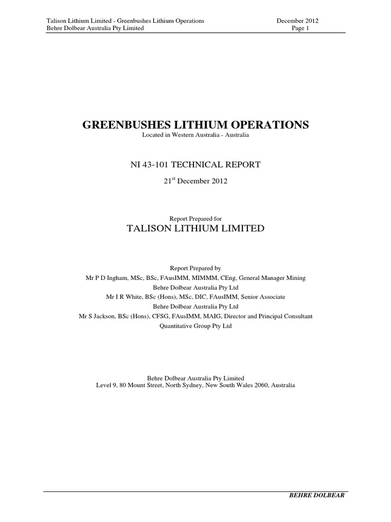Greenbushes Technical Report | PDF | Minerals | Geology