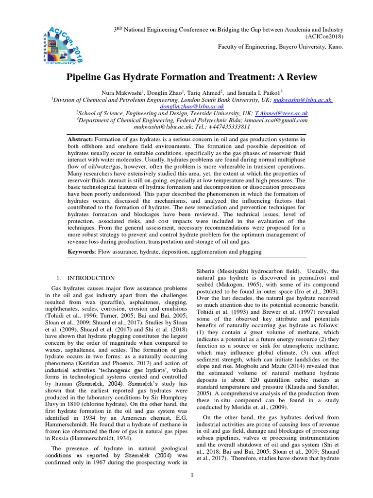 Pipeline Gas Hydrate Formation and Treatment A Review | PDF | Gases ...