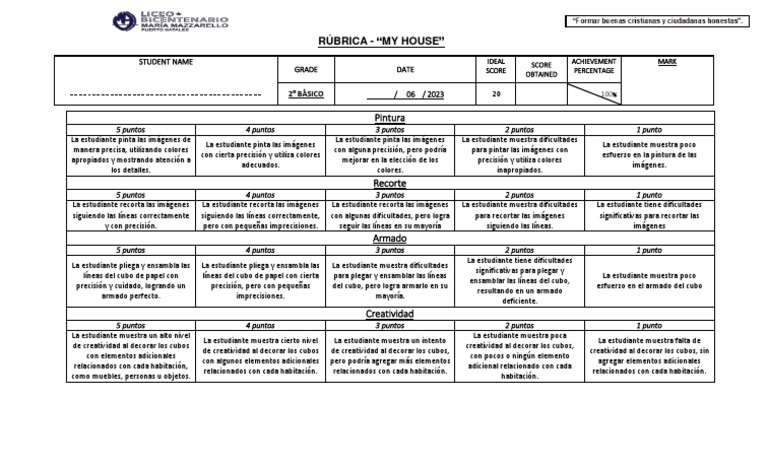 2° Básico - Rúbrica My house | PDF