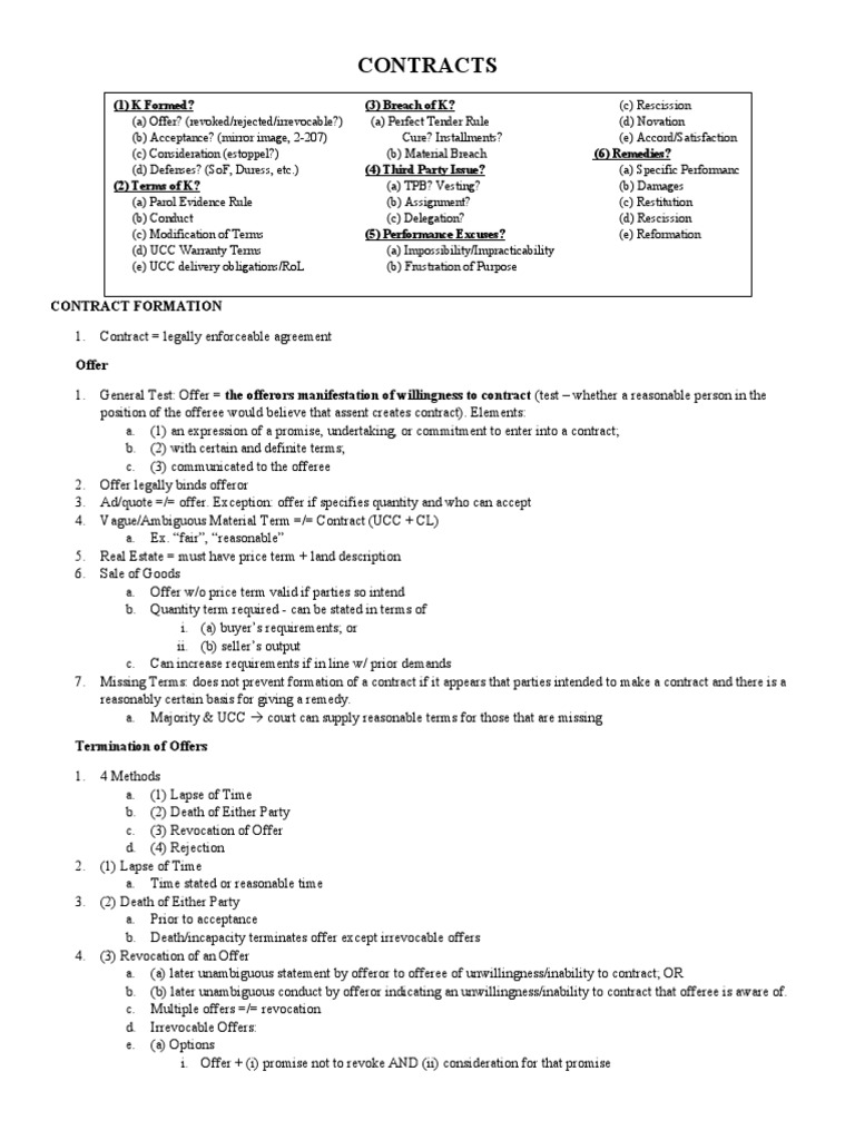 Bar - Contracts Outline | PDF | Assignment (Law) | Offer And Acceptance