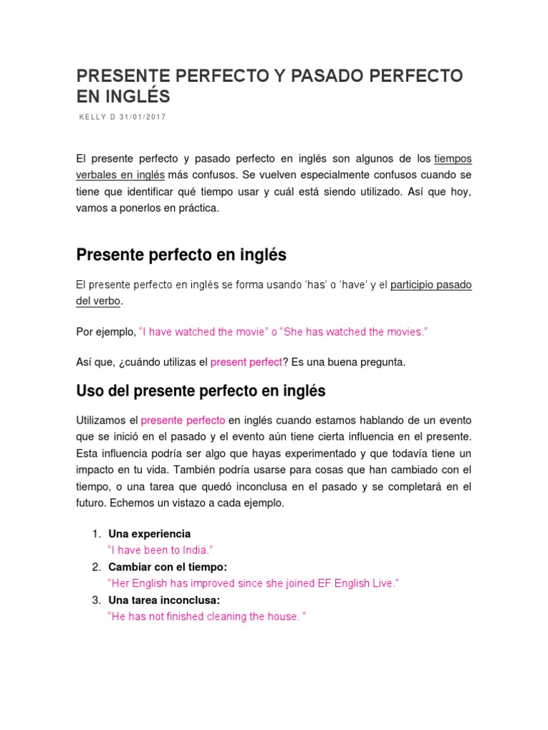 Presente Perfecto y Pasado Perfecto en Inglés | PDF | Idioma en Inglés ...