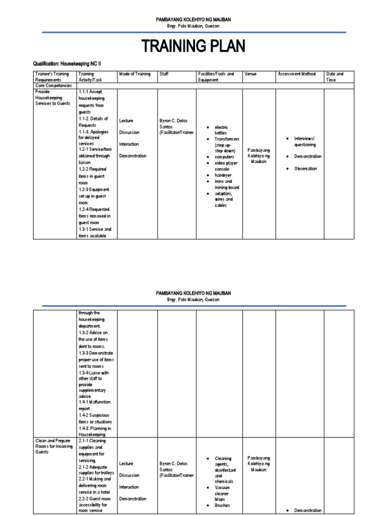 1 Training Plan | PDF | Housekeeping | Laundry