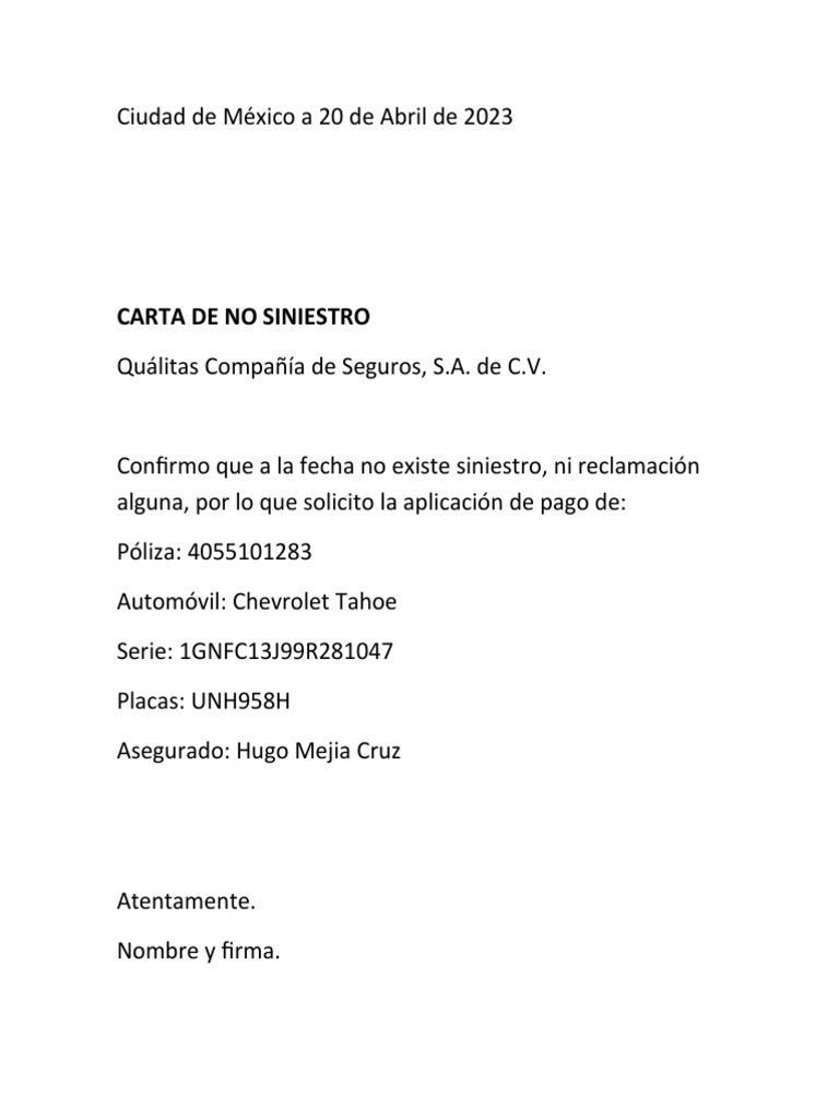 Carta de No Siniestro Ss | PDF