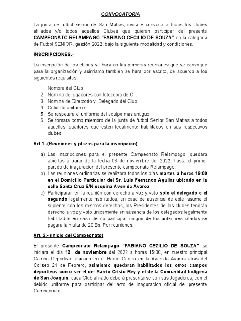 Convocatoria Campeonato Relámpago 2022 | PDF | Deportes de equipo ...