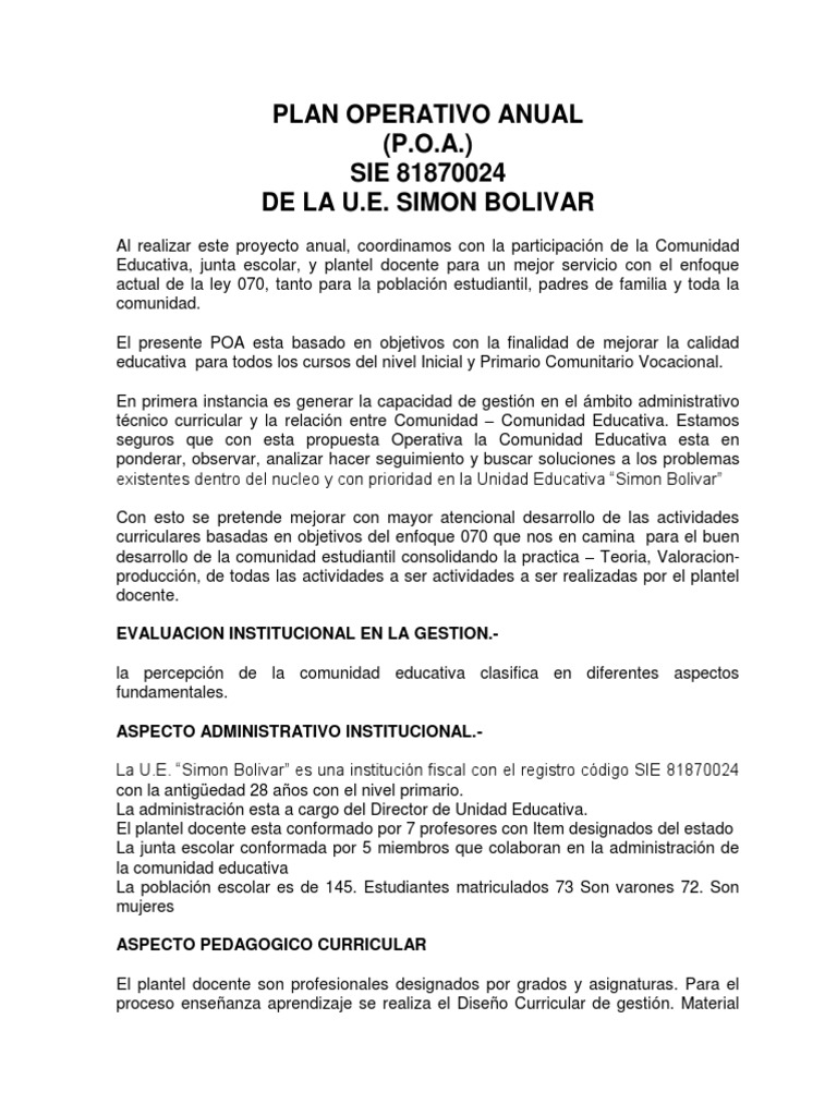 PLAN OPERATIVO ANUAL poa 2023 simon bolivar | PDF | Enseñando ...
