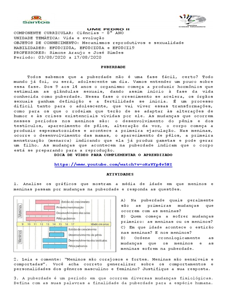 Ciencias Atividade 7 Manha Ciencias - 8o Ano Aula7 | PDF | Puberdade | Sexo