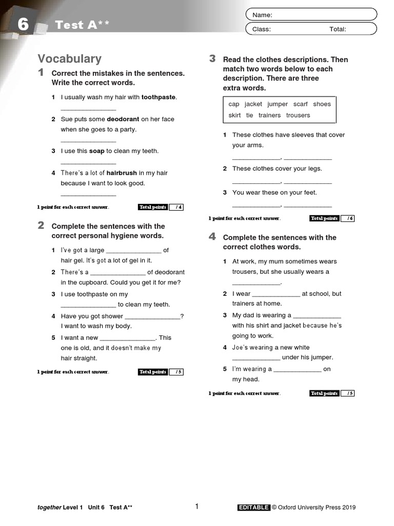 Hygiene Vocabulary Test for Level 1 | PDF | Clothing | Language Mechanics