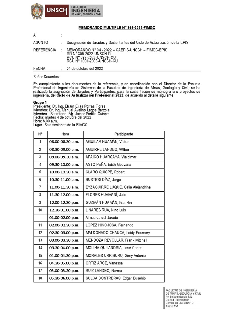 MEMORANDO MULTIPLE N° 356-2022-FIMGC-UNSCH Formacion de Grupos Jurados de Sustentacion EPIS ...