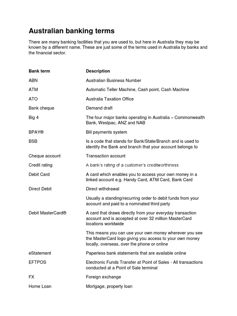 Australian Banking Terms | PDF | Debit Card | Banks Australian Banking Terms | PDF | Debit Card | Banks