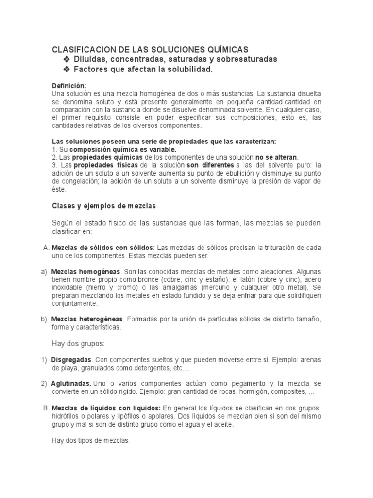Clasificación de Soluciones Químicas | PDF | Concentración | Solubilidad