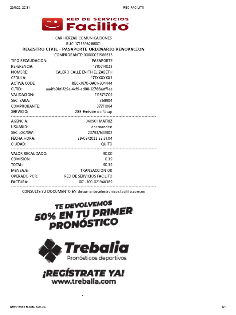 Red Facilito Comprobante Pago Pasaporte Calero Calle Enith Elizabeth | PDF