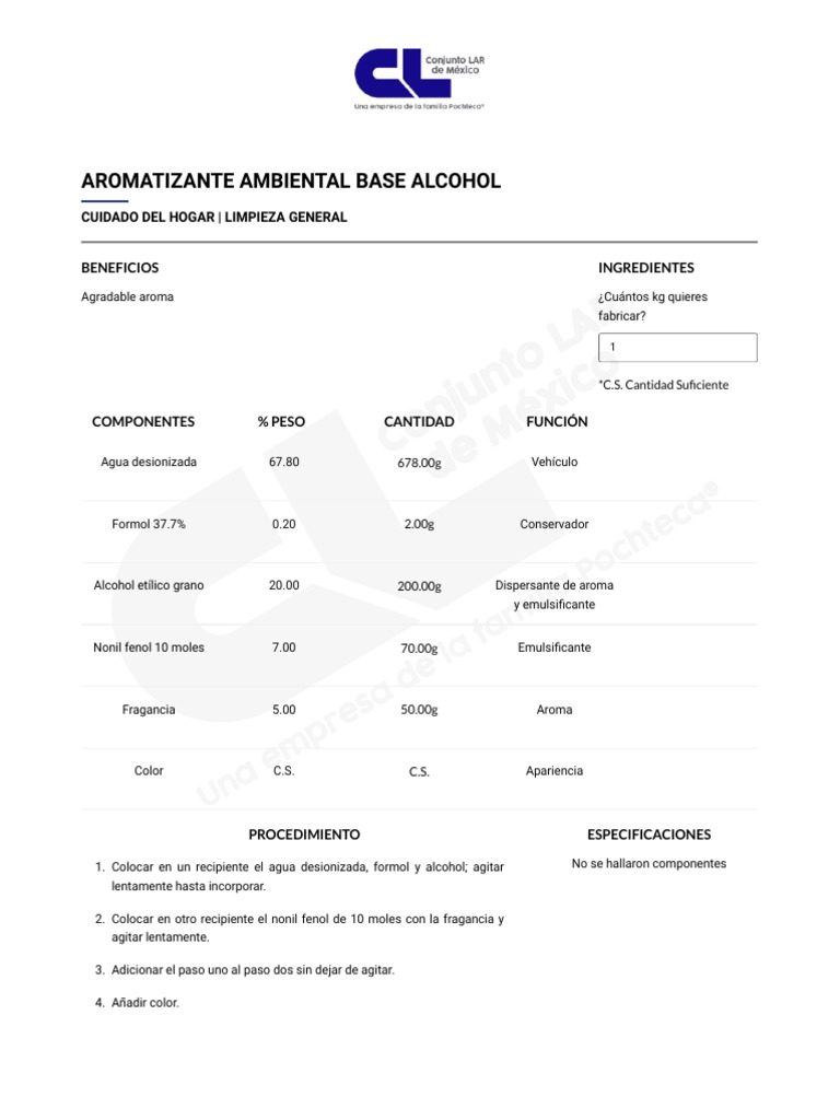 Aromatizante Ambiental Base Alcohol - Formulas LAR | PDF