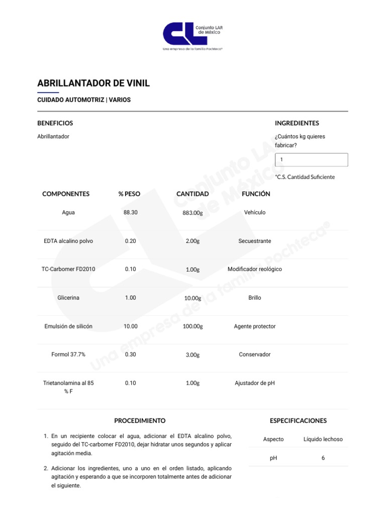 Fórmula de Abrillantador de Vinil | PDF | Química