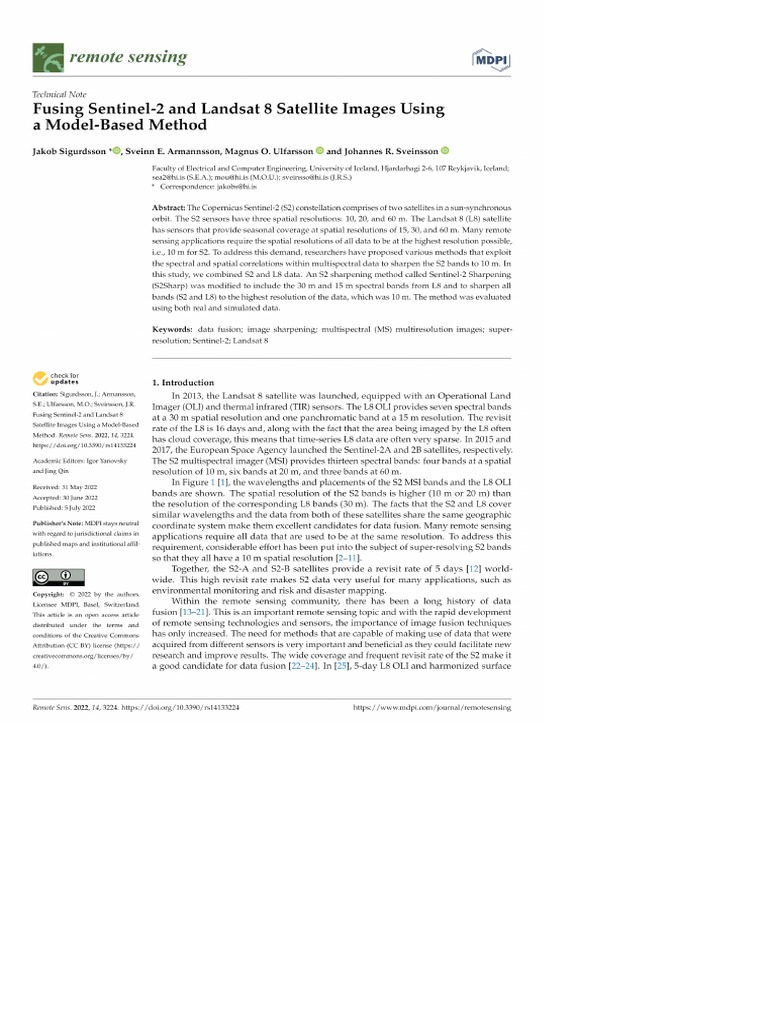 Fusing Sentinel-2 and Landsat 8 Satellite Images Using A Model-Based Method - Enhanced Reader | PDF