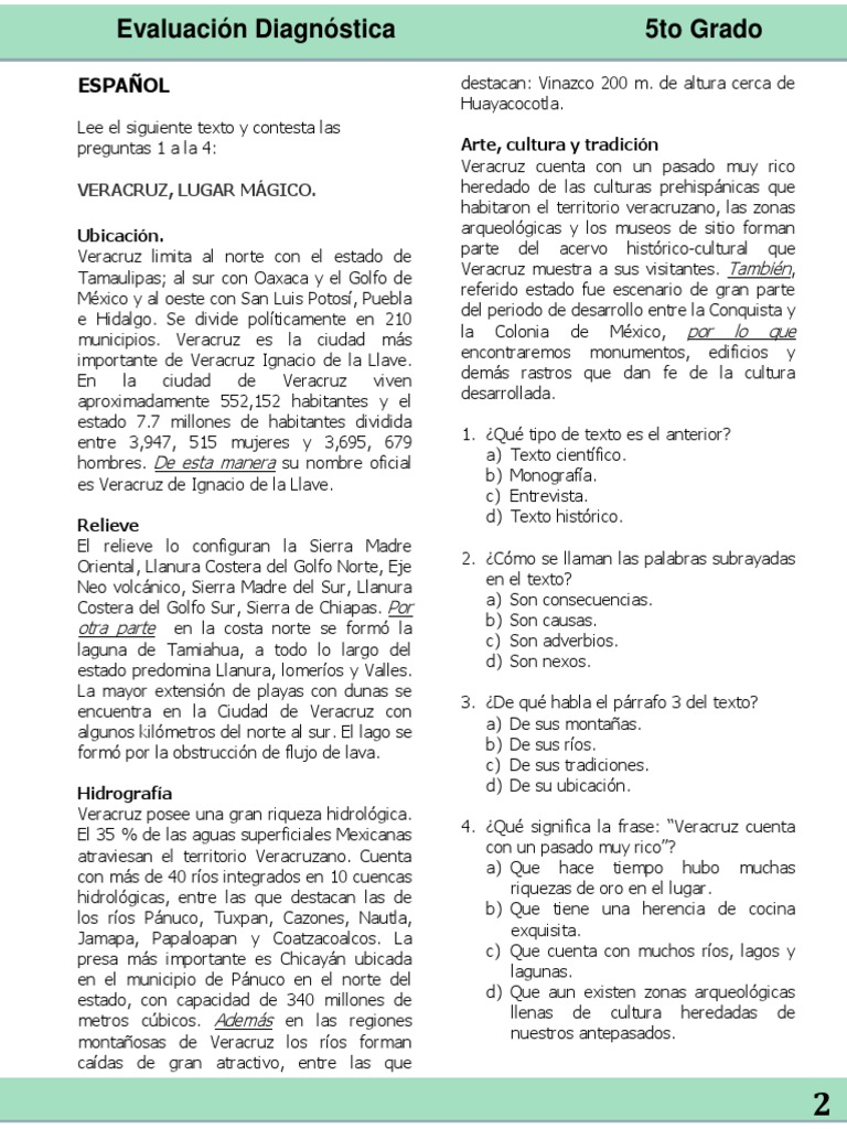 Evaluación Diagnóstica 5to Grado: Español y Matemáticas | PDF