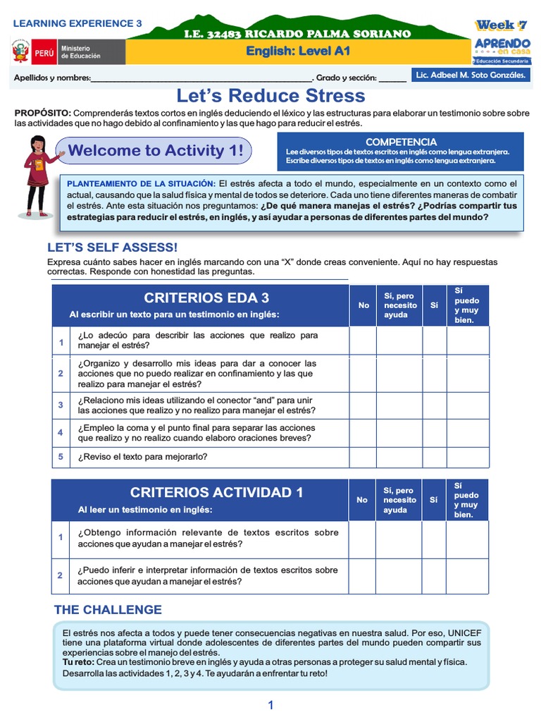 Aprendo en casa A1 Learning experience 3 Activity 1 Week 7 | PDF ...