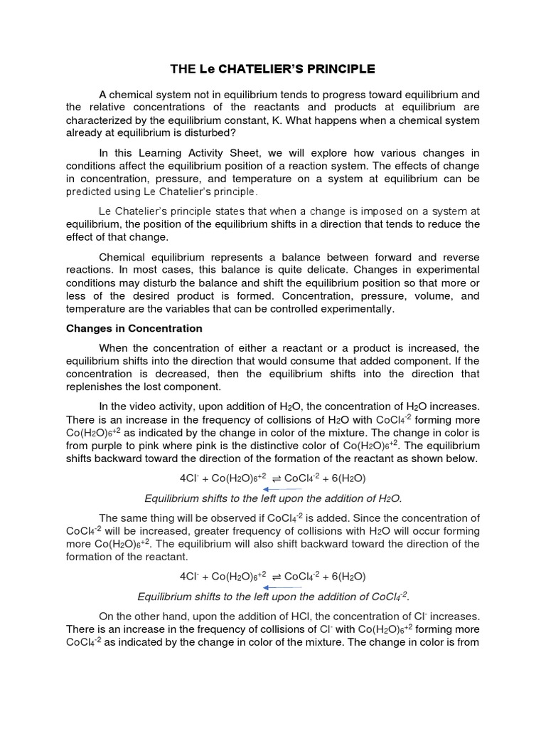 Le CHATELIERS PRINCIPLE - NOTES AND PERFORMANCE TASK 3 | PDF | Chemical ...