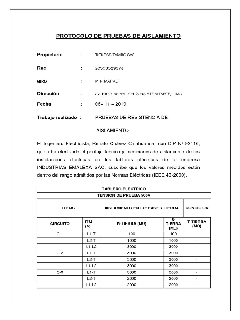 2 Protocolo de Pruebas de Aislamiento (Megado) | PDF