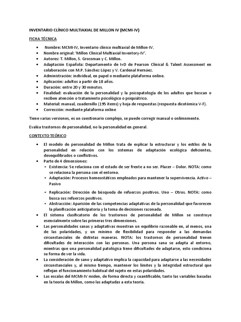 Inventario Clínico Multiaxial de Millon Iv (Mcmi-Iv) | PDF | Trastorno ...