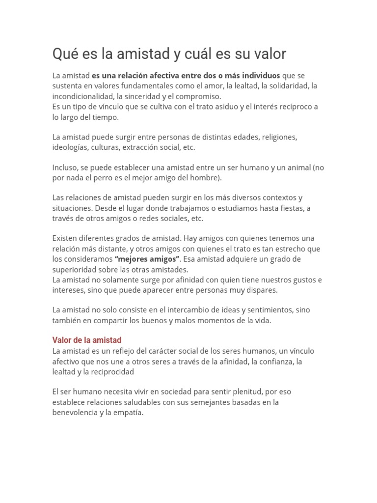 Qué Es La Amistad y Cuál Es Su Valor en Español | PDF | Amistad | Amor