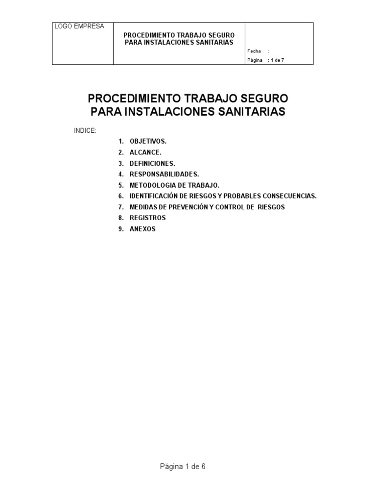 Procedimiento PTS para Instalaciones Sanitarias | PDF | Alcantarillado | Contaminación