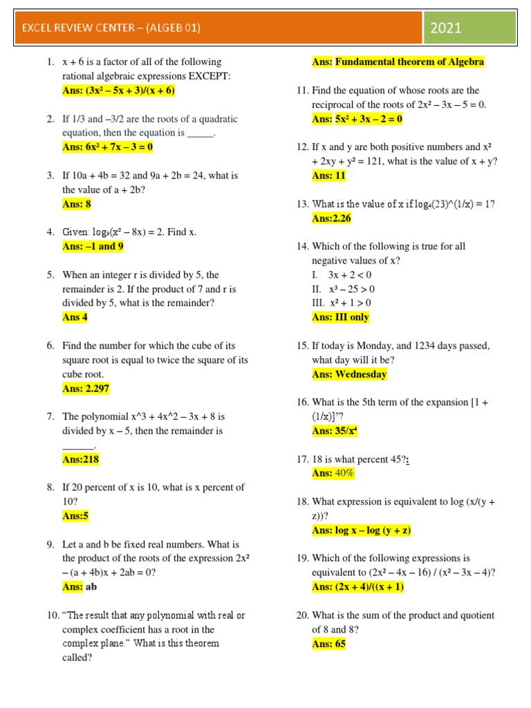 Important Algebra Questions and Answers | PDF | Numbers | Factorization