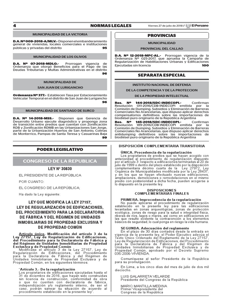 El Peruano - Ley Que Modifica La Ley 27157, Ley de Regularización de ...