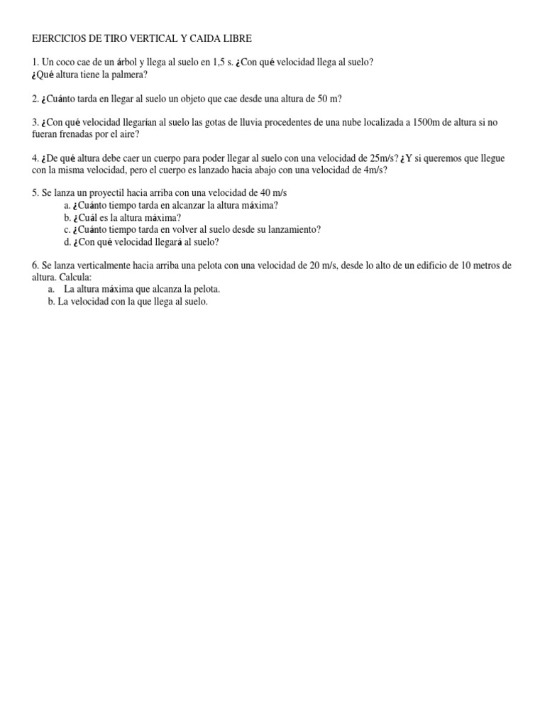 Ejercicios de Tiro Vertical y Caida Libre | PDF