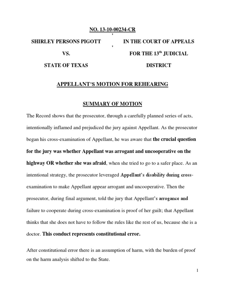 Pigott Motion For Rehearing 13th Court of Criminal Appeals | PDF ...