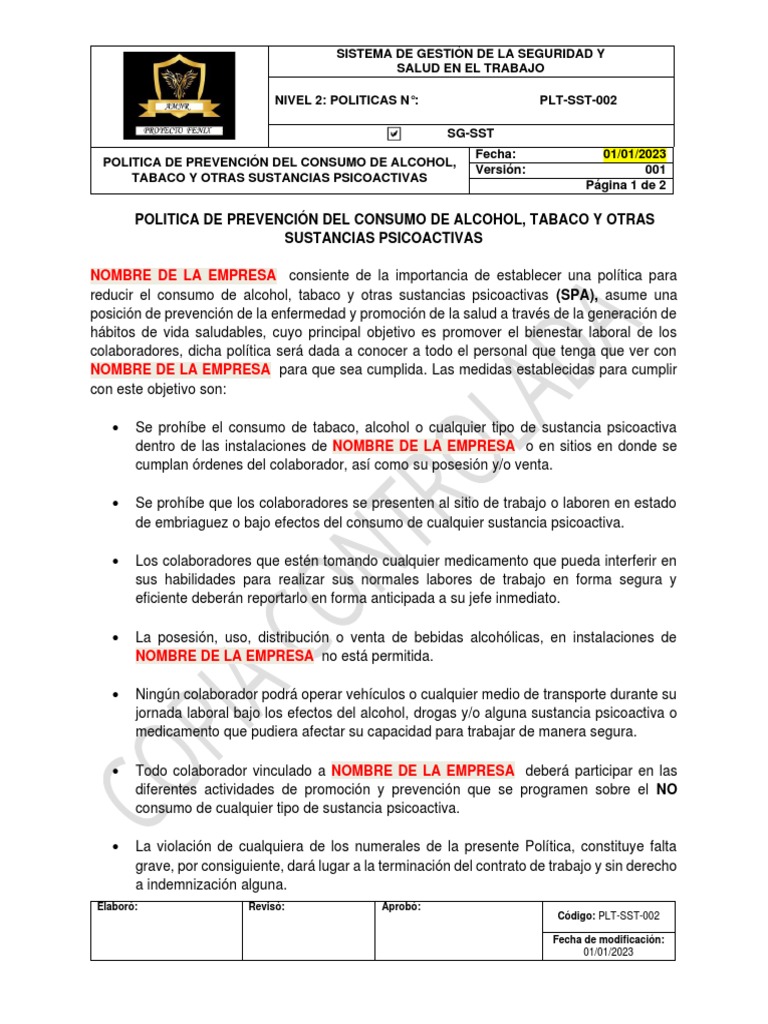 PLT-SST-002 Política de Prevención Del Consumo de Alcohol, Tabaco y Otras Sustancias ...
