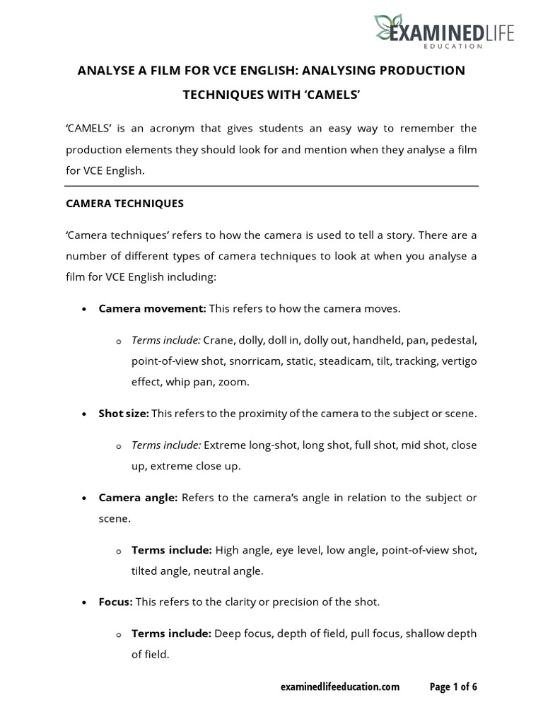 Film Analysis Techniques for VCE English | PDF | Camera Lens | Body ...