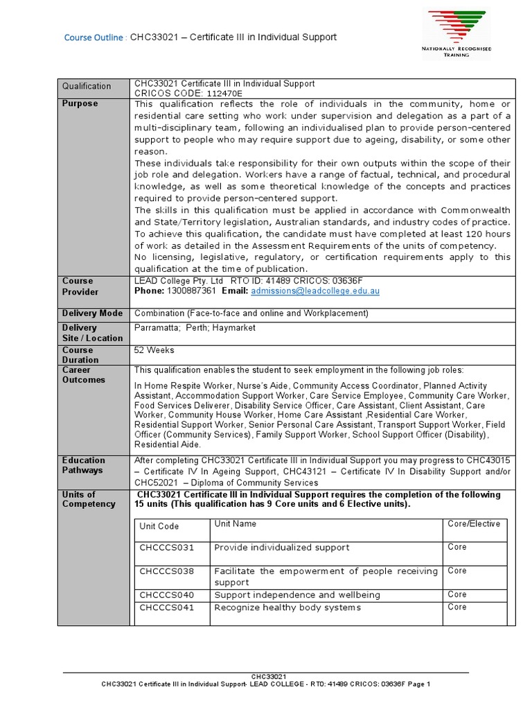 CHC33021 Certificate III in Individual Support | PDF | Fee
