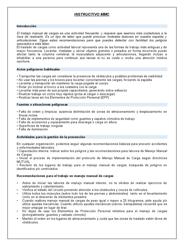 Capacitacion Charla MMC Manejo Manual de Cargas | PDF | Salud y bienestar