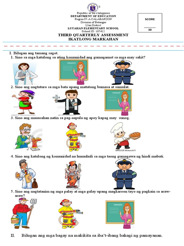 Third Quarterly Assessment Ikatlong Markahan: II. Bilugan Ang Mga Bagay Na Makikita Sa Iba't ...