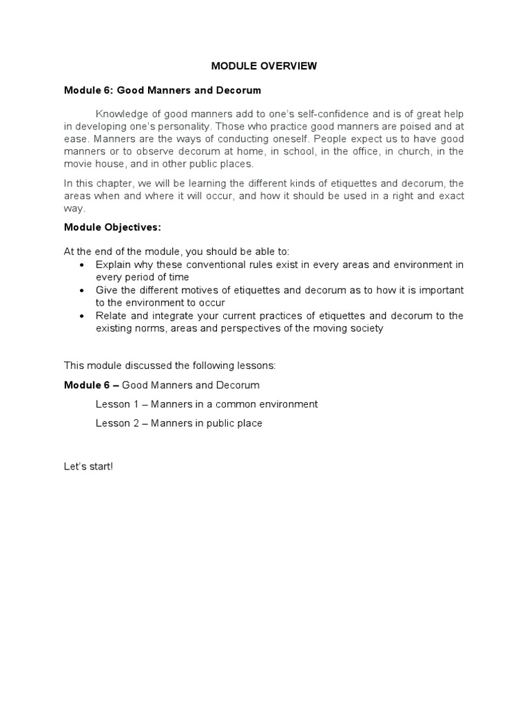 Module Overview Module 6: Good Manners and Decorum | PDF | Etiquette ...