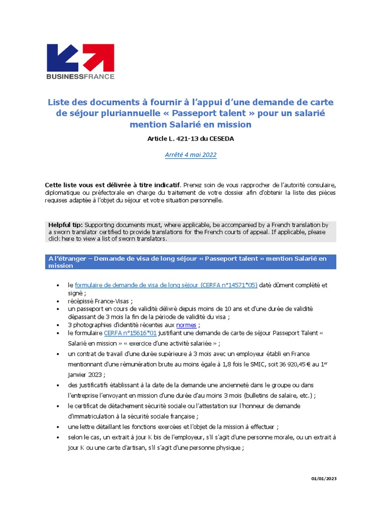 Pieces Justificatives Passeport Talent Salarie en Mission | PDF