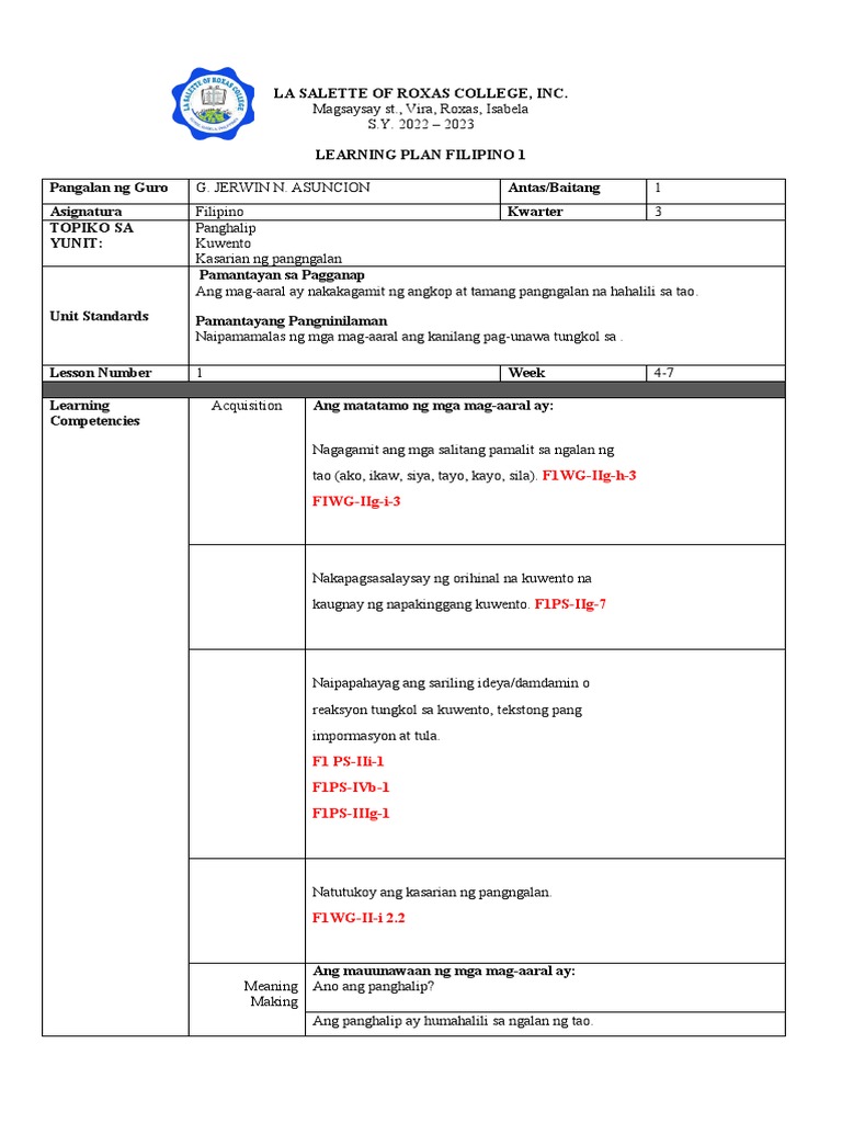 Learning Plan Fil 1 Q3 Week 4-5 | PDF