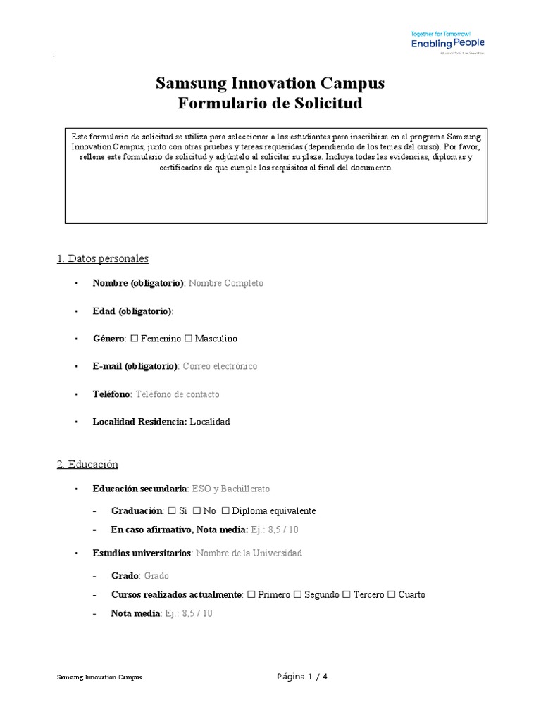 Formulario de Solicitud Samsung - AI - ESP | PDF | Python (lenguaje de programación) | Gestión ...