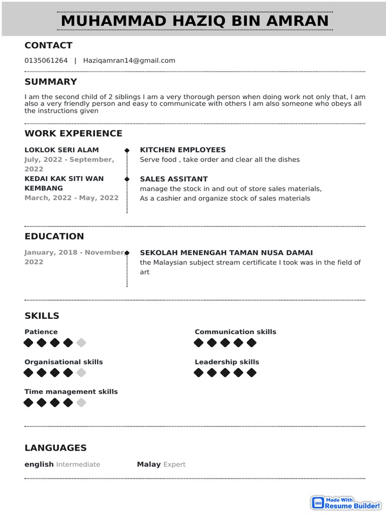 Muhammad Haziq Bin Amran: Contact | PDF