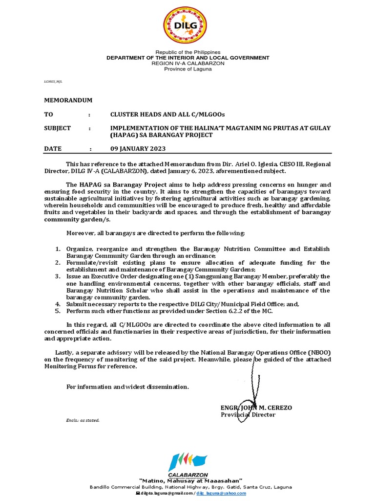 FOs - IMPLEMENTATION OF THE HALINAT MAGTANIM NG PRUTAS AT GULAY HAPAG SA BARANGAY PROJECT | PDF