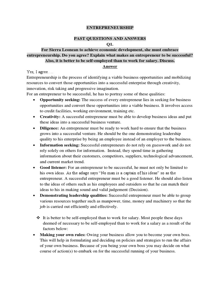 Entrepreneurship Past Questions and Answers | PDF