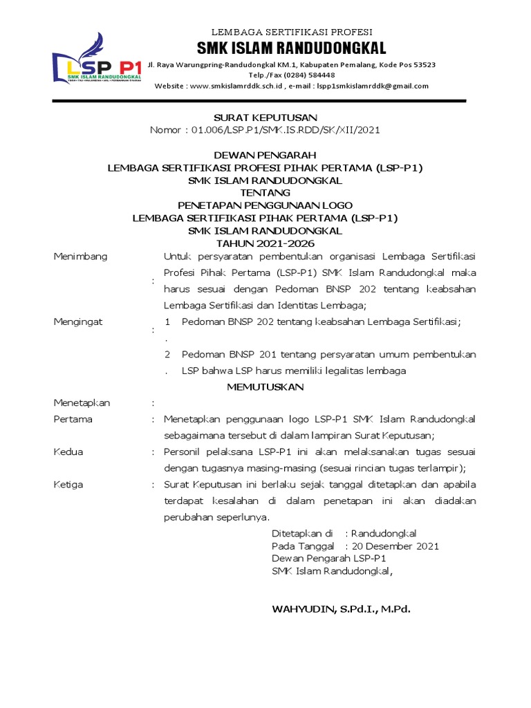 SK PENETAPAN DAN PENGGUNAAN LOGO LSP-P1 SMK ISLAM RDDK | PDF