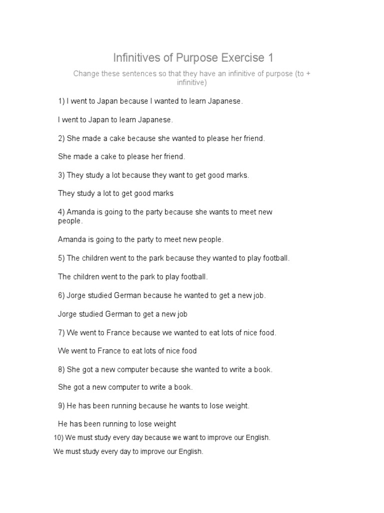 Infinitives of Purpose Exercise 1 | PDF